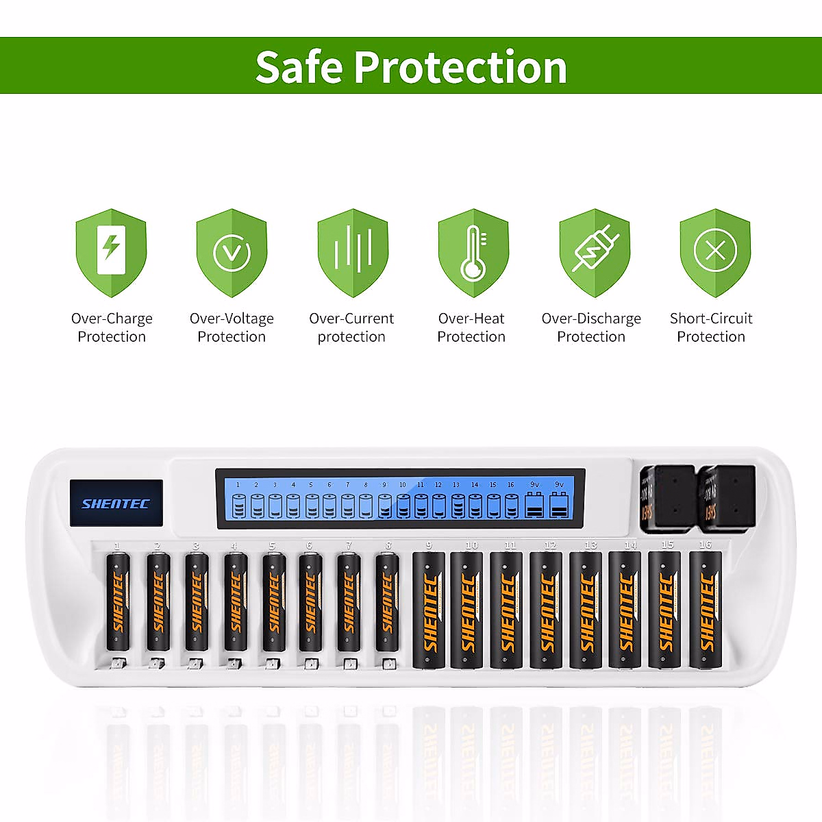 Shentec 16+2 Bay Smart Rechargeable Battery Charger with LCD Display for AA AAA NiMH Batteries & Li-ion 9V Rechargeable Batteries with AC Wall Adapter (Not Fit for AA AAA Li-ion Batteries)