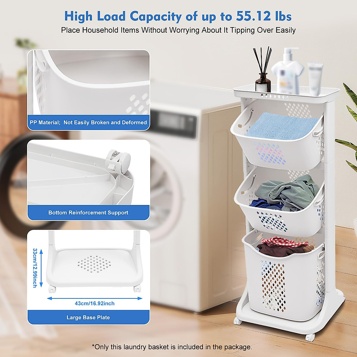 LINISHOP 3-Tier Laundry Basket Free Standing Dirty Clothes Storage Basket Organizer Shelf Household Kitchens Bathrooms 360° Rolling With Four Universal Wheels PP White New