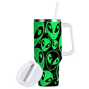 ARGTILDN 40 oz Tumbler Green Space Alien Insulated Travel Mug with Handle and Straw Lid Stainless Steel Vacuum Coffee Cup Tea Beverage Container Water Bottles for Car Sports office