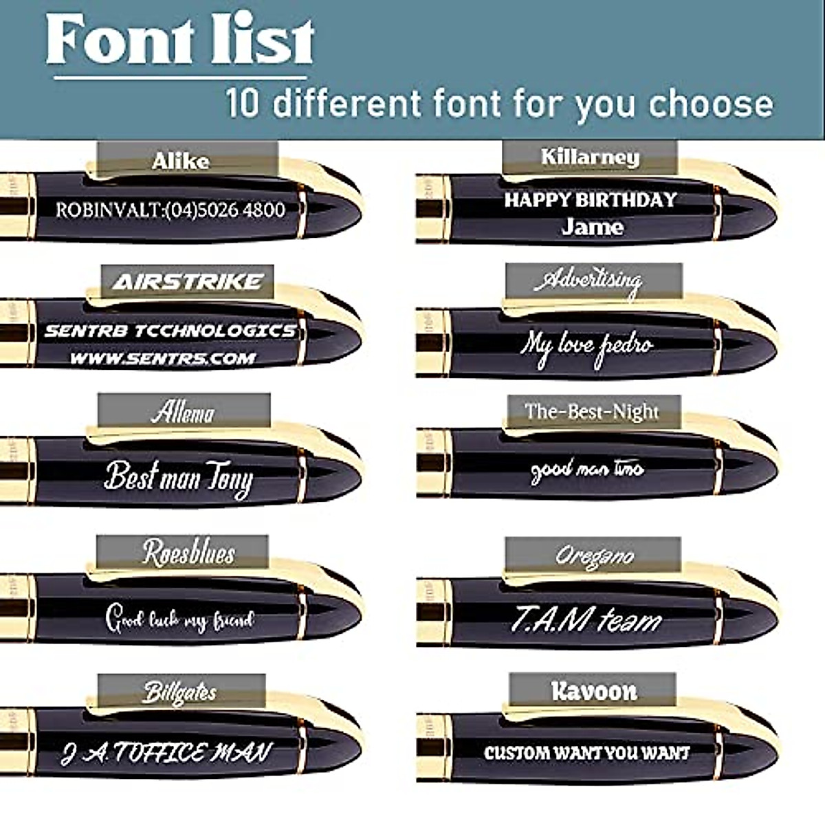 Ancolo Custom Black Fountain Pens-Luxury Refillable Elegant pens- with Extra10 Black Ink Refill, Engraved Personnal Name/Slogan/Phone Number, Perfect for Bank, Office, Hotel Lobbies 5 PCS/Pack