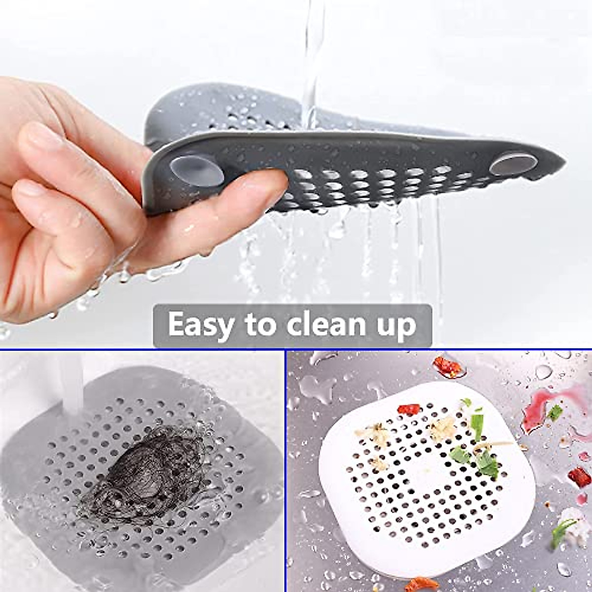 3 Pack Drain Cover Hair Catcher Pad, Silicone Tube Trap Shower with Sucker for Bathroom Kitchen, 5.5" Flat Square Rubber Strainer Plug Filter Bathtub Sink Home Drain Protectors, Black