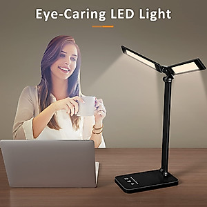 Smaeti LED Home Office Dimmable Desk Light with USB Charging Port, 5 Color Modes with 6 Brightness Levels,Auto Timer, Eye-Caring Desk Lamp for Dorm Study Reading