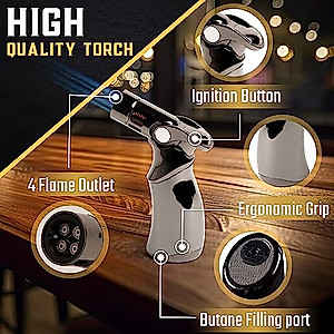 Whiskey Smoker Kit with Quad Flame Torch, Scorch Shield, Lid, 6 Wood Chips & Wooden Gift Box for Smoked Old Fashioned Bourbon Drink Infuser| Cocktail Smoker (Cherry Wood, No Butane)