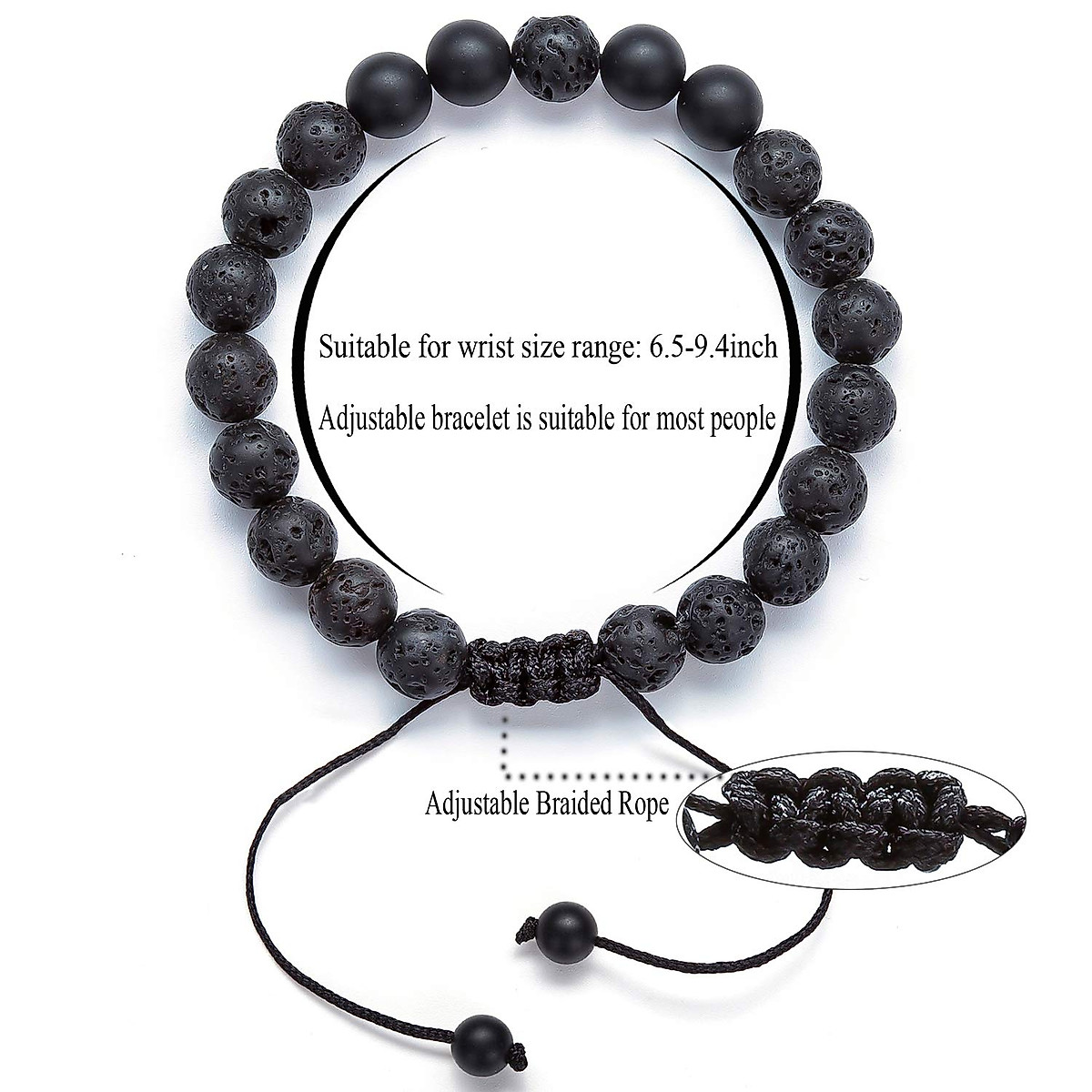 Hamoery Men Women 8mm Lava Rock Aromatherapy Anxiety Essential Oil Diffuser Bracelet Adjustable Natural Stone Yoga meditation relaxation Beads Bracelet Bangle(Matte Black Agate)