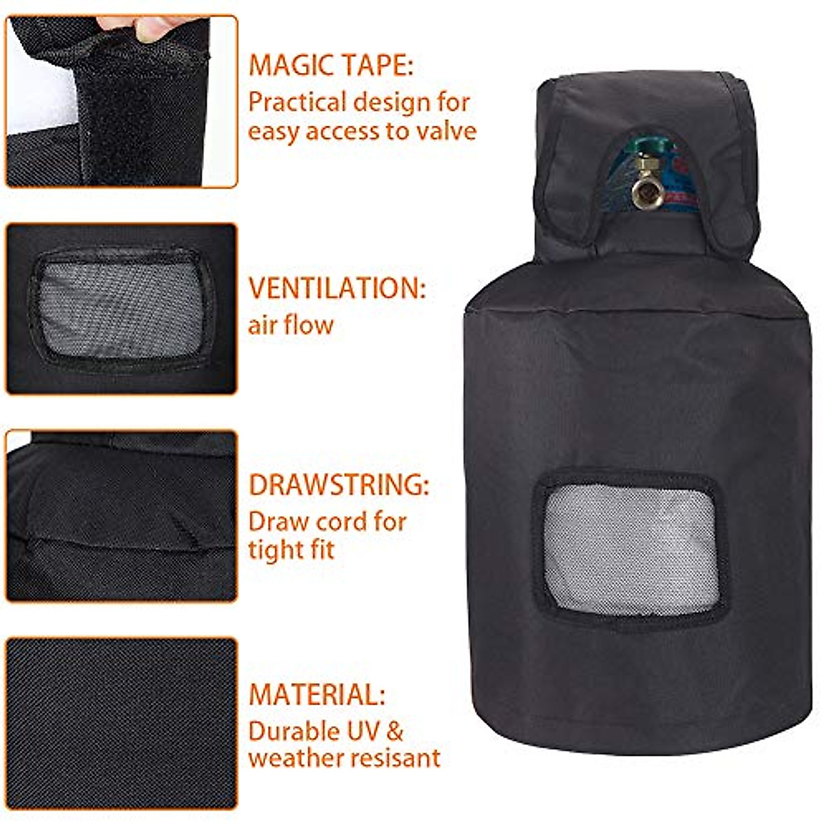 20lb Propane Tank Cover ,Ventilated Propane Gas Can Protection Covers, Heavy Duty RV Propane Tank Cover, Propane Bottle Storage Bag, Waterproof & Weather Resistant, Black, 12.5 x 12.5 x 24 inches
