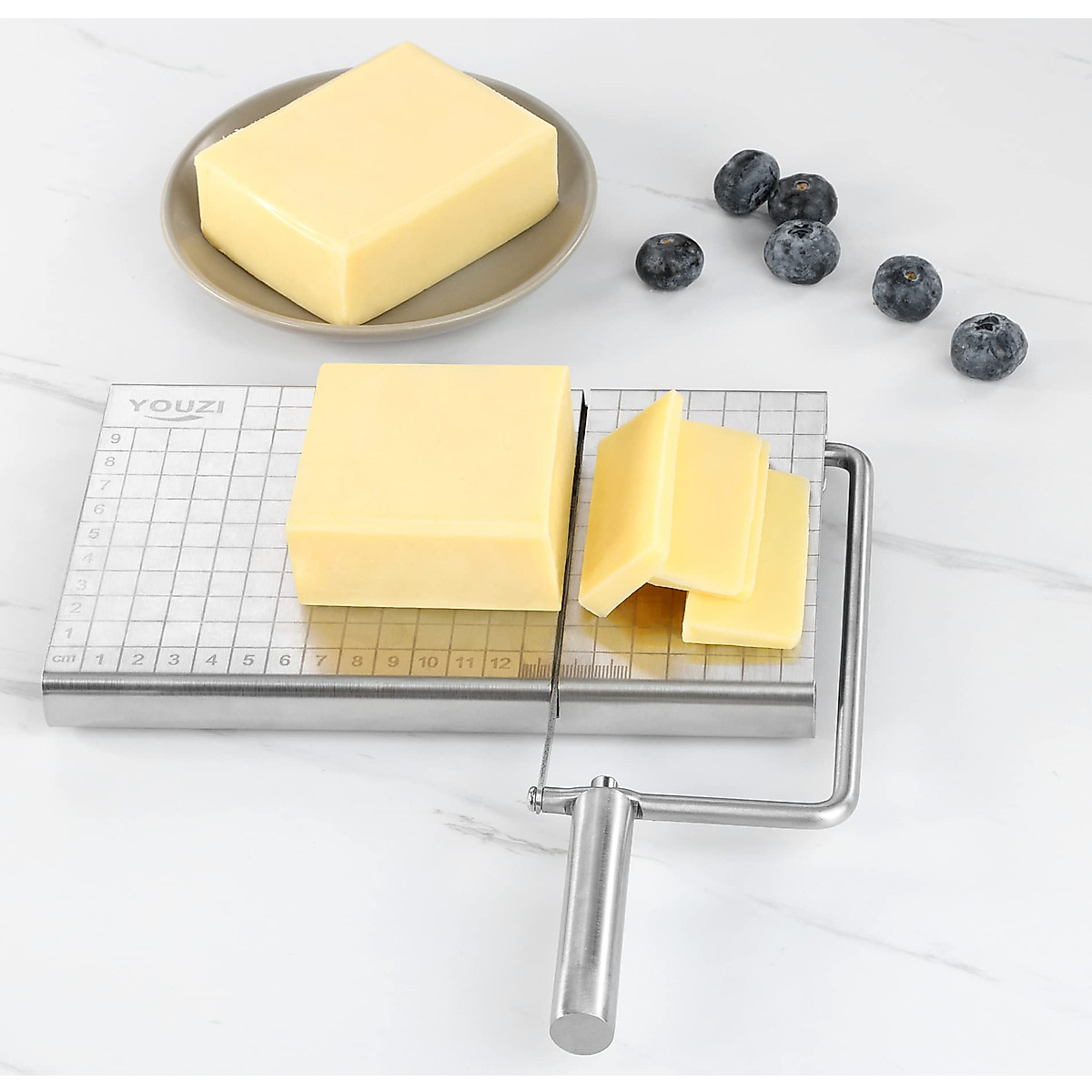 Stainless Steel Cheese Slicer - Multipurpose Cheese Slicer Board & Food Cutter with 4" Blade, 5" x 8" with Accurate Size Scale for Cutting Cheese Butter Vegetables Sausage Herbs & More (No Wire)