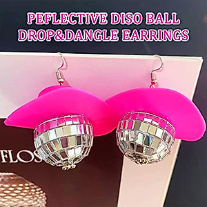 Disco Ball Earrings and Headband for Women - 70's Halloween Earrings for Women Party Costume (Disco Cowgirl Pink)