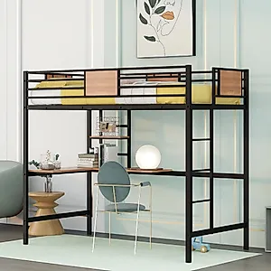 GINGVAT Twin Size Metal Loft Bed with L-Shaped Desk and Shelves,Metal Loft Bed Built-in Ladder and Guardrail,for Bedroom,Apartment,Dorm,Black