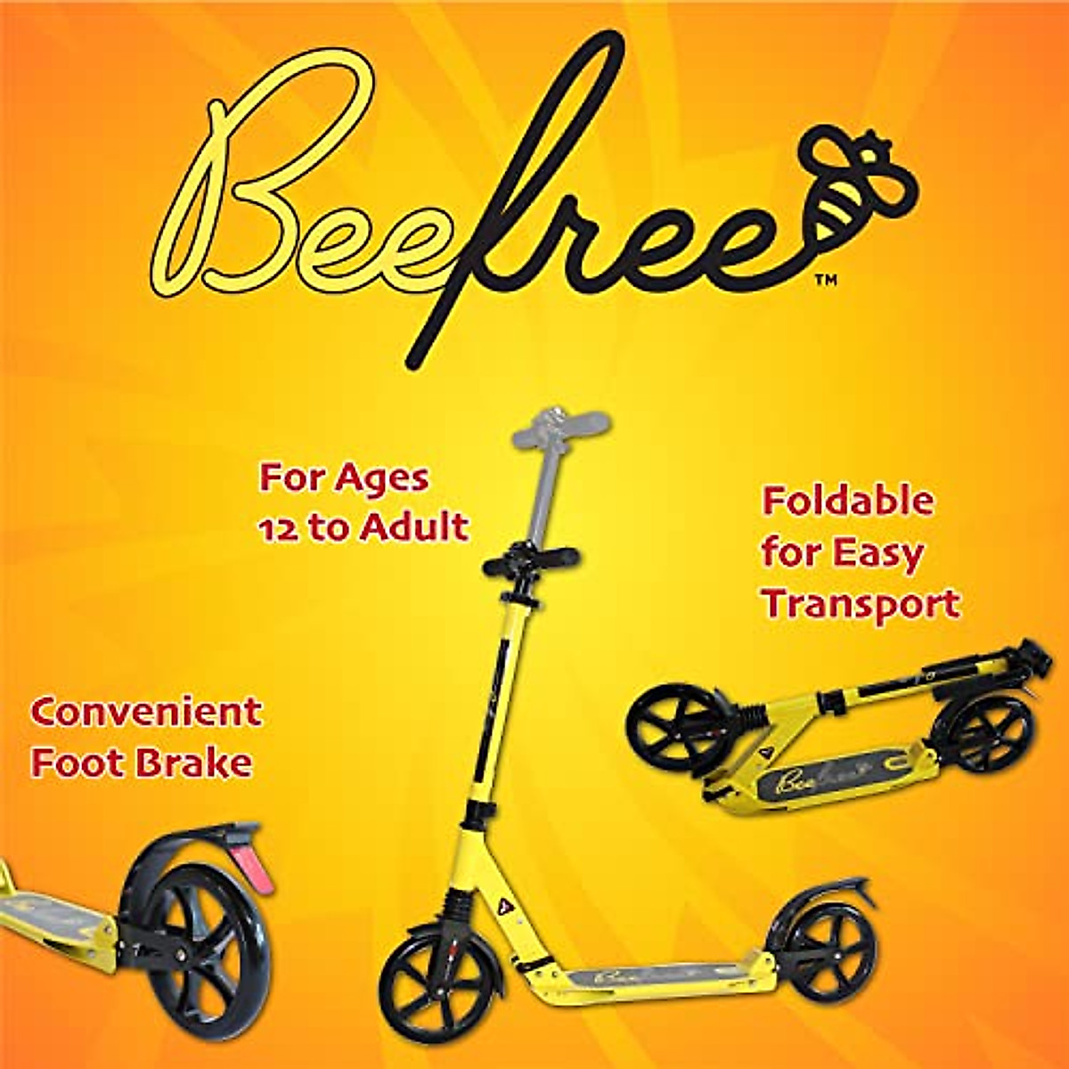 Bee Free 2 Wheel Kick Scooter for Adults and Teens, Adjustable Handlebars, Premium Durable Aluminum Construction, Foldable, Rear Foot Brake and Anti-Shock Suspension, Ages 12+, Up to 200 LBS, Yellow
