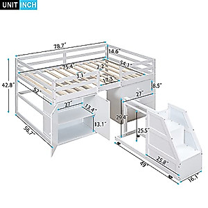 MOEO Full Size Functional Loft Bed with Cabinet, 3 Drawers and Hanging Clothes at The Back of The Staircase, Wooden Bedframe w/Movable Wheels, Maximum Space Design for Kids Bedroom, White