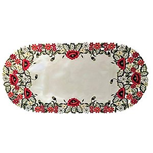 Doily Boutique Place Mat or Doily with Red Poppy Flowers on Antique White Fabric Size 27 x 13 inches