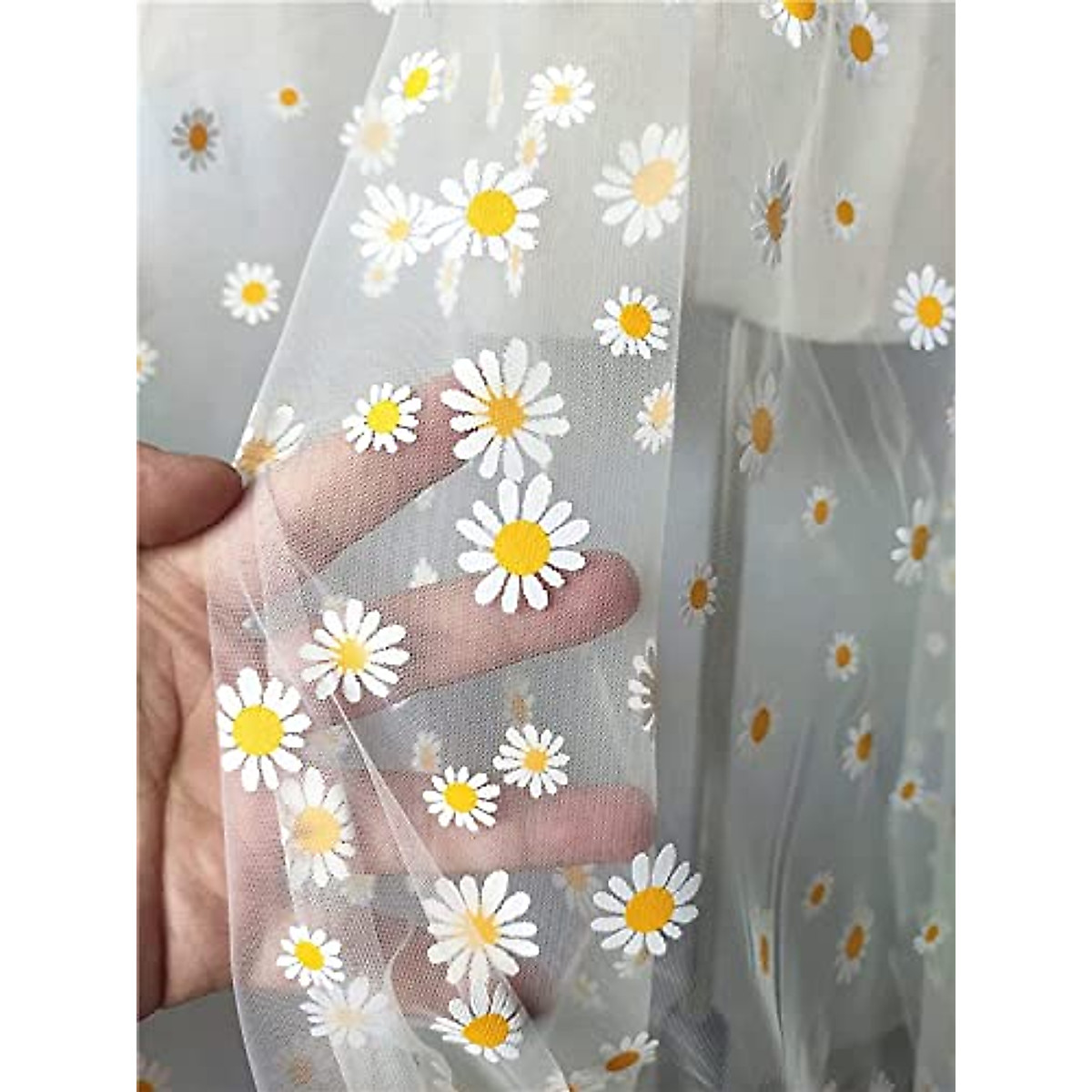 59" Width Tulle Lace Fabric Daisy Flower Print Fabric for for DIY Dress Costume Design Accessories Flower Girl Women Gown Wedding Dress Home Decor (3 Yard, White)