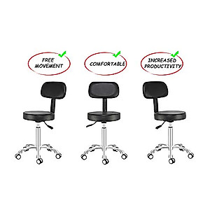 Antlu Rolling Stool Drafting Chair for Garage Shop Workbench Kitchen Medical Salon,Swivel Adjustable Stool with Wheels and Back Support (Black, Without Foot Ring)