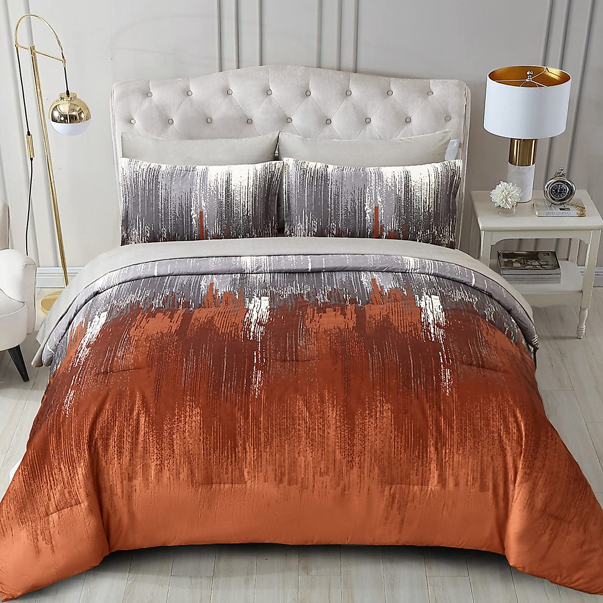WONGS BEDDING Burnt Orange Comforter Set King, 7 Pieces Bed in a Bag Abstract Art Gradient Soft Microfiber Fall Terracotta Bedding - Comforter, Flat Sheet, Fitted Sheet, Pillow Shams,Pillowcases