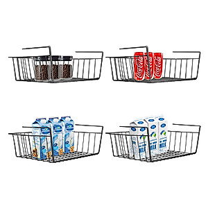 Under Shelf Basket, 4 Pack Black Wire Rack, Slides Under Shelves for Storage Space on Kitchen Pantry Desk Bookshelf Cupboard