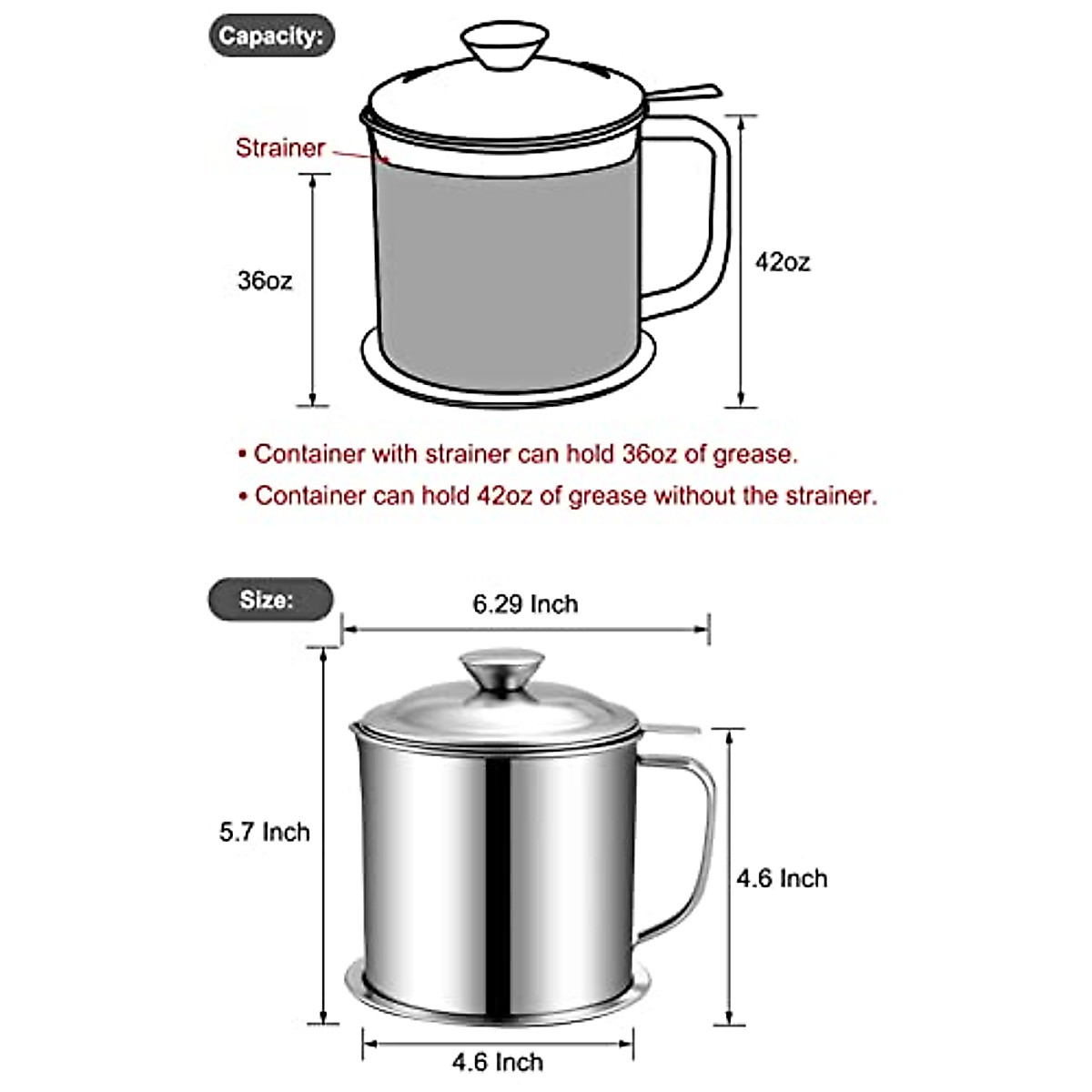 Bacon Grease Container with Strainer 1.25 L / 42 oz Strong SUS 304 Food-grade Stainless Steel Cooking Oil Keeper with Lid and Easy-Grip Handle Suitable for Storing Frying Oil and Cooking Grease