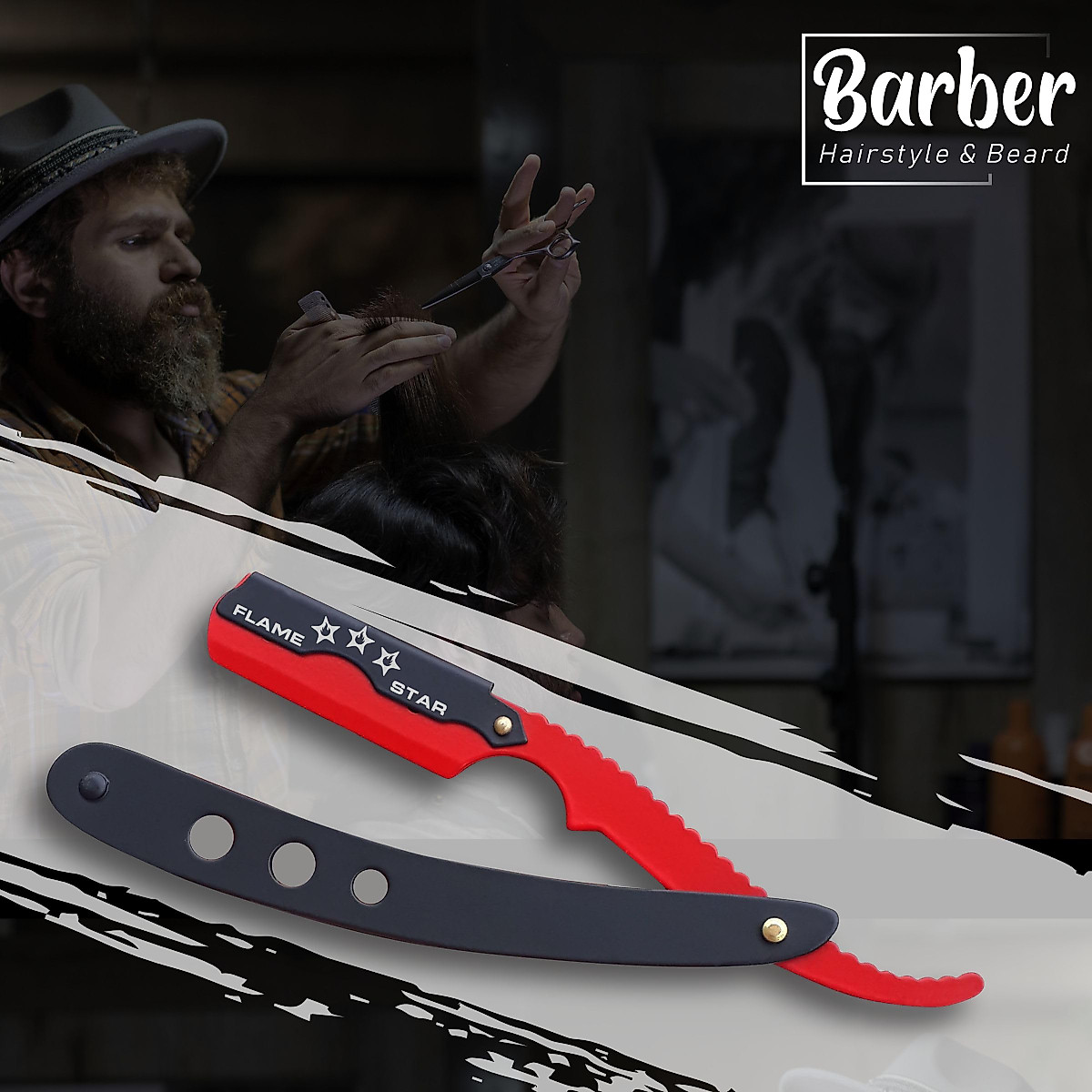 Black Red Barber Staright Edge Salon Hair Cut Razor 100% Stainless Steel with 10 Blades by "FLAME STAR"