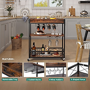 YITAHOME Industrial Bar Carts for The Home, Mobile Serving Cart on Wheels with Removable Wood Top Container, 3-Tier Kitchen Cart with Wine Rack Glasses Holder, Rustic Brown