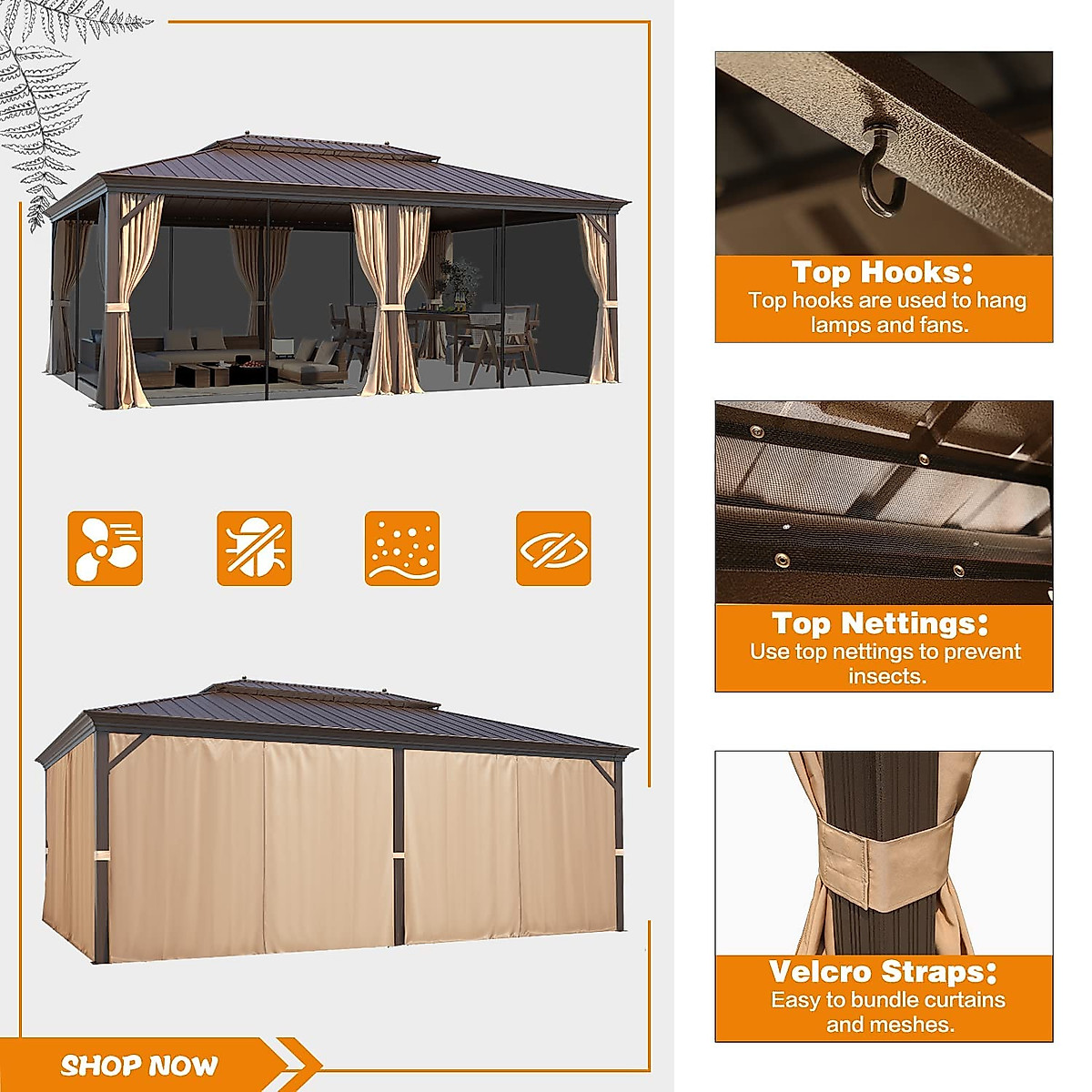 MELLCOM 14'x20' Galvanized Steel Hardtop Gazebo, Aluminum Frame Metal Outdoor Gazebo with Double Roof and Netting and Curtains for Patio Lawn Garden Brown
