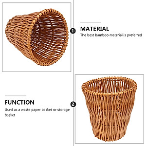 Wakauto Desktop Organizer Wicker Rattan Waste Basket Woven Trash Can Garbage Can Vintage Waste Bin Wastebasket Beige Creative Storage Basket