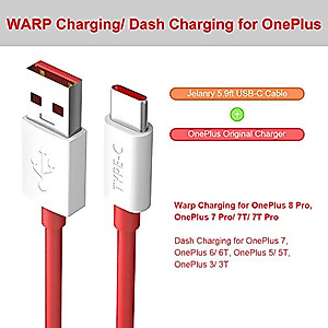 OnePlus 8 Pro Warp Charging Cable, Jelanry 6ft USB Type C Cable for OnePlus 6T Dash Charging Cable Rapid Data Syncing Rubber Coating Fast Charger Cable for OnePlus 11 10 Pro 8 7T 7 Pro 6T 5T Red 2Pack