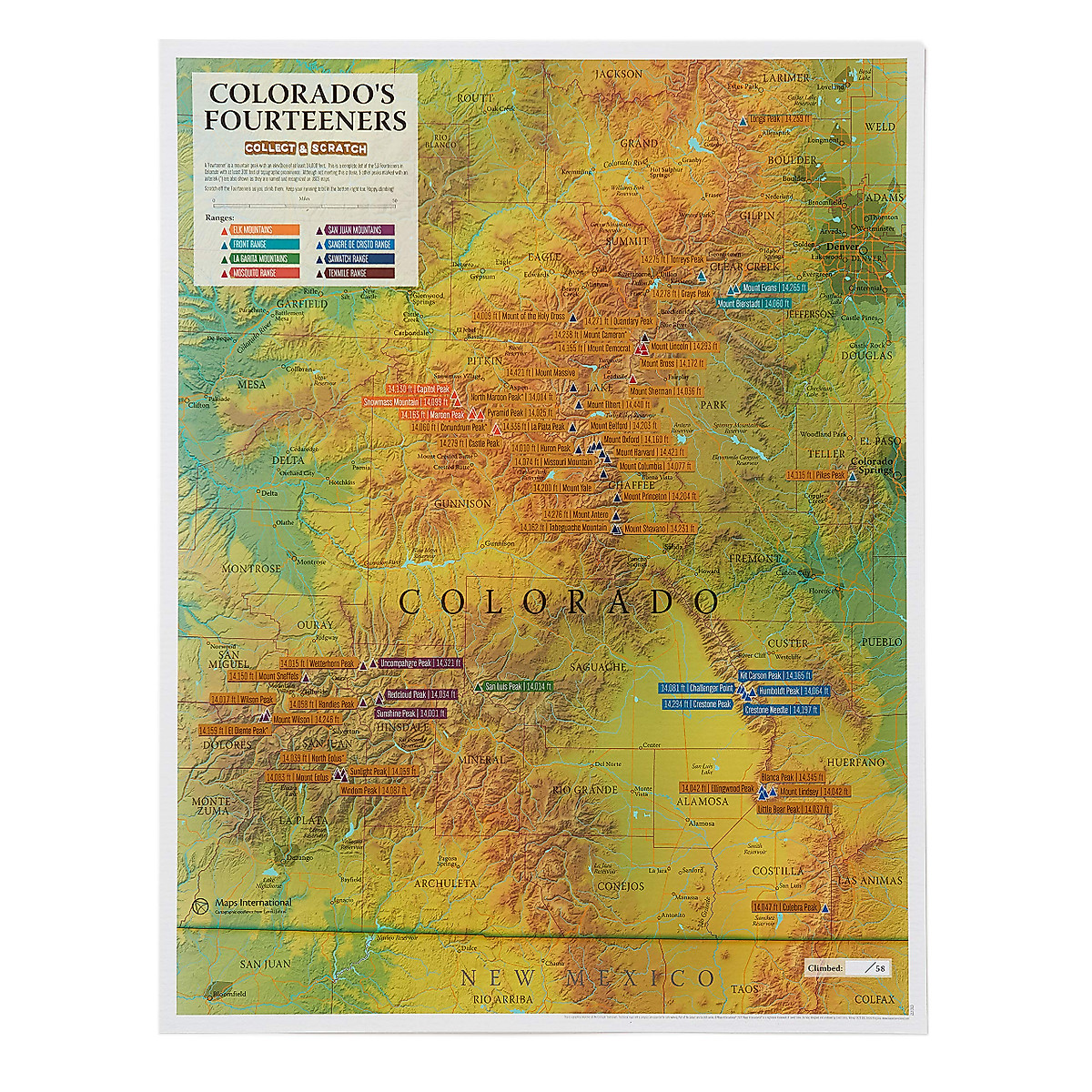 Scratch Off Colorado Fourteeners Map Poster - 14ers Mountain Peaks - Ideal Bucket list Gift for Climbers - 22 x 17