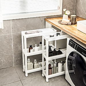 S AFSTAR 3 Tier Rolling Utility Cart Set of 2, Slide Out Mobile Utility Cart for Small Space, Free Combination-Easy Assembly Shelving Unit, 2-Pack 3-Tier Slim Storage Cart for Bathroom Laundry Room