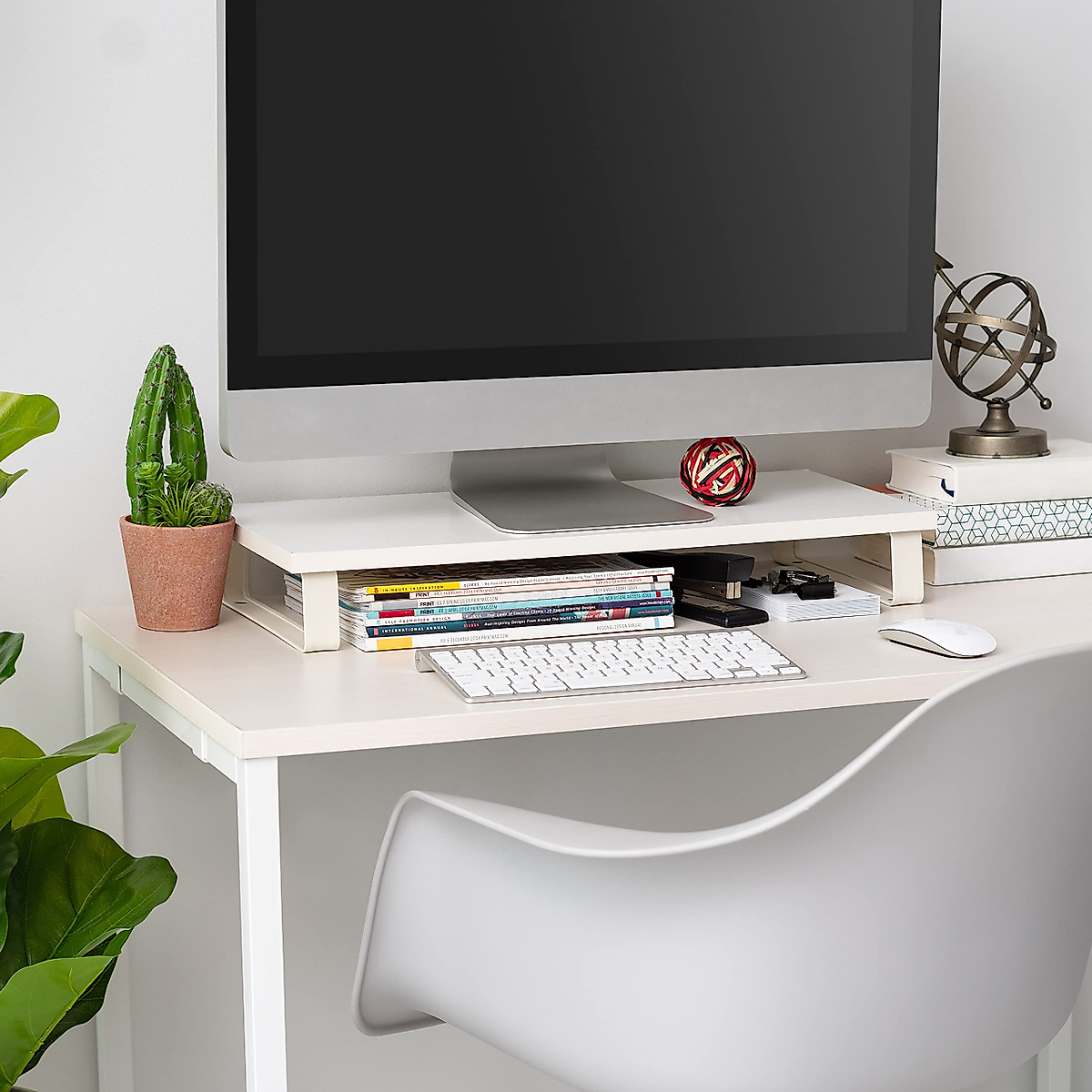 IRIS USA 2-Tier Long Multi-Purpose PC Monitor Organizer Stand, Stackable Ergonomic Desktop and Countertop Riser for Computer Laptop TV Shoes Kitchen Pantry and Closet Organization, White