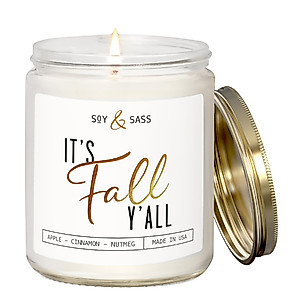 Fall Candles - 'It's Fall Yall' Fall Candle w/Apple Cinnamon & Nutmeg I Infused with Essential Oils I Autumn Fall Scented Candles I Cozy Cute Fall Décor Fall Gifts I 9oz Jar I 50Hr Burn I Made in USA