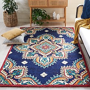 SAFAVIEH Blossom Collection 8' x 10' Navy/Red BLM564N Handmade Floral Premium Wool Living Room Dining Bedroom Area Rug