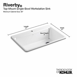 KOHLER 5871-1A2-0 Riverby Top-Mount Single-Bowl Workstation Kitchen Sink with Accessories, 33" L, White