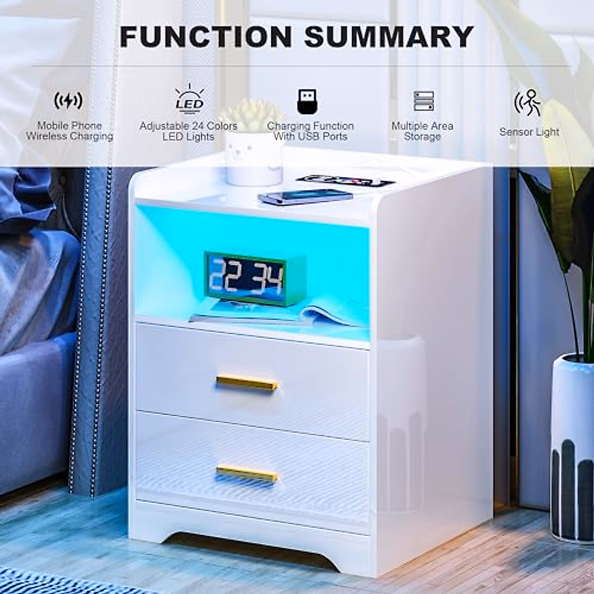 HNEBC Night Stand with Charging Station,LED Nightstand with Body Sensor Function, Smart Nightstand has RGB Lights Mode,Bedside Table with Drawers,Side Table for Bedroom/Living Room (White)