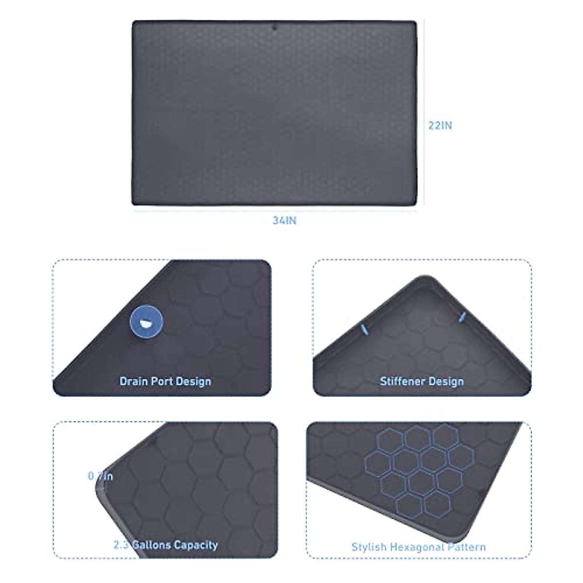 Under Sink Mats for Kitchen Waterproof, 34" x 22" Silicone Under Sink Liner with Drain Hole, Hold up to 2.3 Gallons Liquid, Kitchen Bathroom Cabinet Mat, Protector for Drips Leaks Spills Tray
