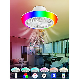 Bluetooth Ceiling Fan with Light and Speaker LED Color Enclosed Bladeless Low Profile Ceiling Fan With Light and Remote Control , Modern White Flush Mount RGB Ceiling Fan for Bedroom Dining Kids Room