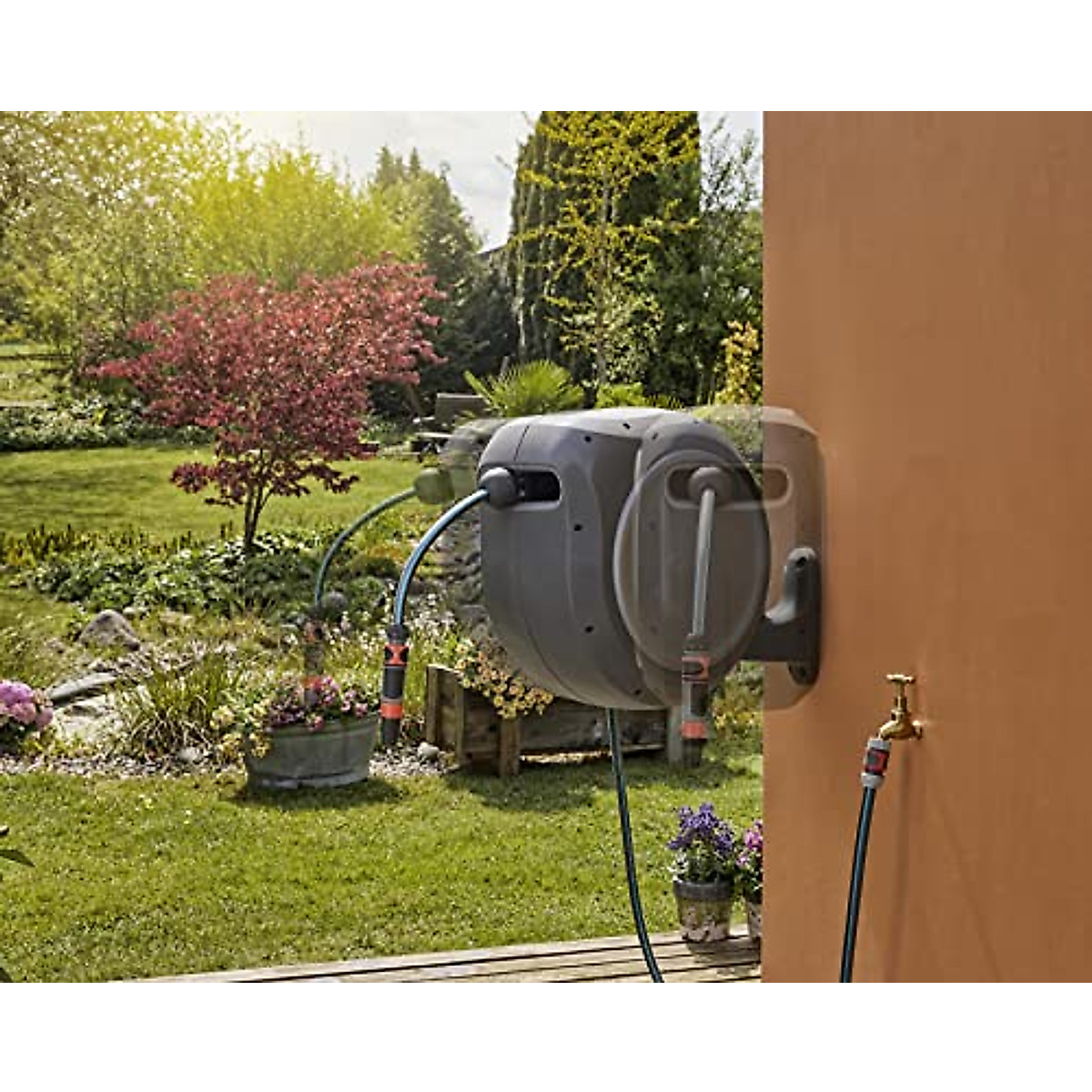 GARDENA 8055-100 Foot Wall Mounted Retractable Reel with Hose Guide, Automatic retraction for Easy Watering
