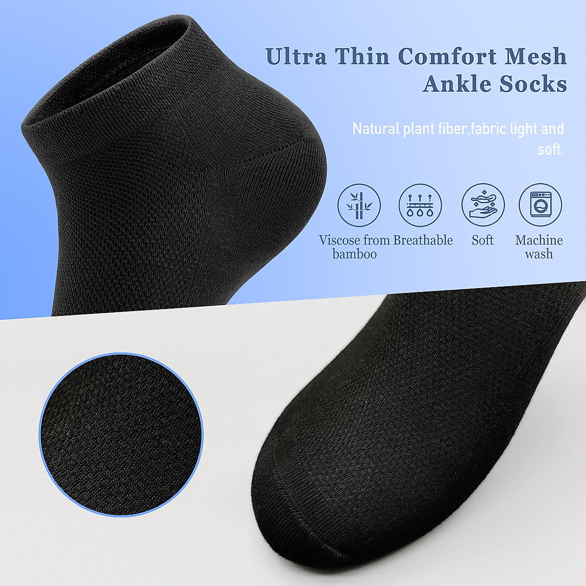 Women Ankle Soft Ultra Thin Mesh Beathable Viscose Bamboo Anti Odor Summer Cool Socks Low Cut Sock 5 Pairs,4-8/9-11 (Black, Medium)