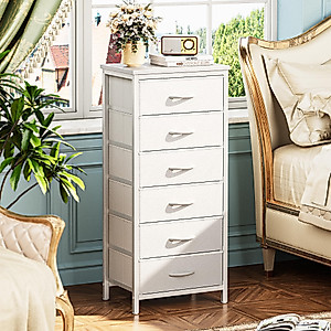 Huuger Tall Dresser for Bedroom, 6 Drawer Dresser & Chests of Drawers, Fabric Dresser for Closet, Bedroom, Night Stand, End Table with Metal Frame, Storage Tower with Fabric Bins, PU Leather, White