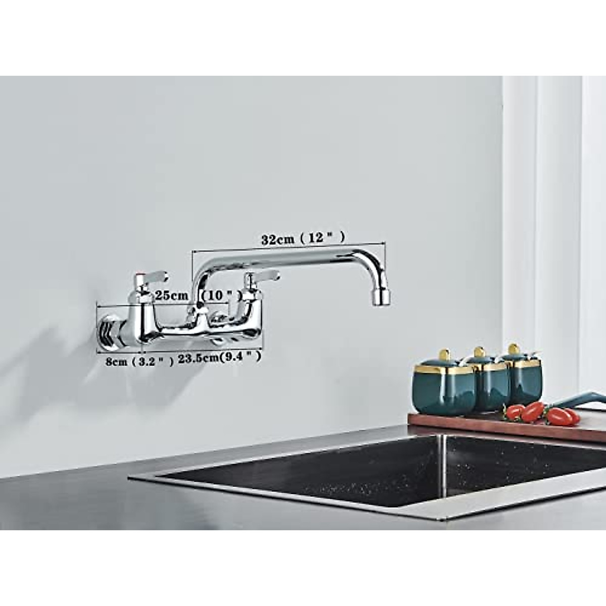 𝗚𝗺𝘂𝘀𝗿𝗲 𝗖𝗼𝗺𝗺𝗲𝗿𝗰𝗶𝗮𝗹 𝗞𝗶𝘁𝗰𝗵𝗲𝗻 𝗙𝗮𝘂𝗰𝗲𝘁 Wall Mount 8 Inch Center Kitchen Sink Faucet with 12 Inch Swivel Spout 2-Handle Faucets for Kitchen Home Restaurant Chrome Polished