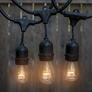 Outdoor String Lights 48 Ft, Commercial Grade Outdoor Light Strand with Hanging Sockets - Weatherproof Strand for Patio Garden Porch Backyard Party Deck Yard, 15 light bulbs included – Black