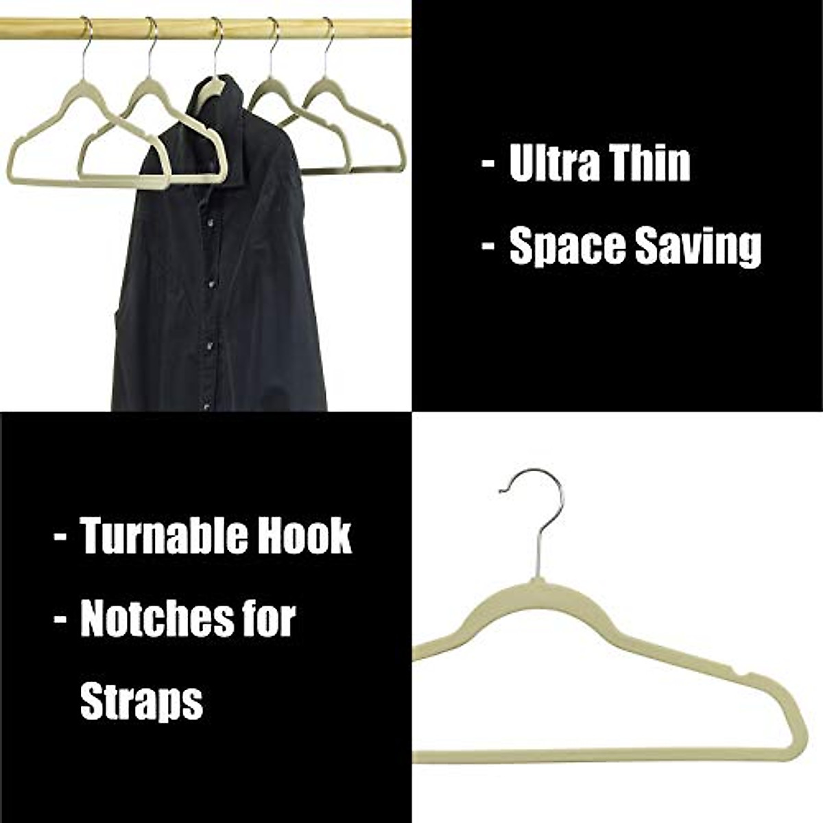 Mainetti SH-VM003-IV10 Ivory Velvet Ultra-Thin Hangers with Notches and Bright Zinc Swivel Hooks, 17.5 Inch (Pack of 10)