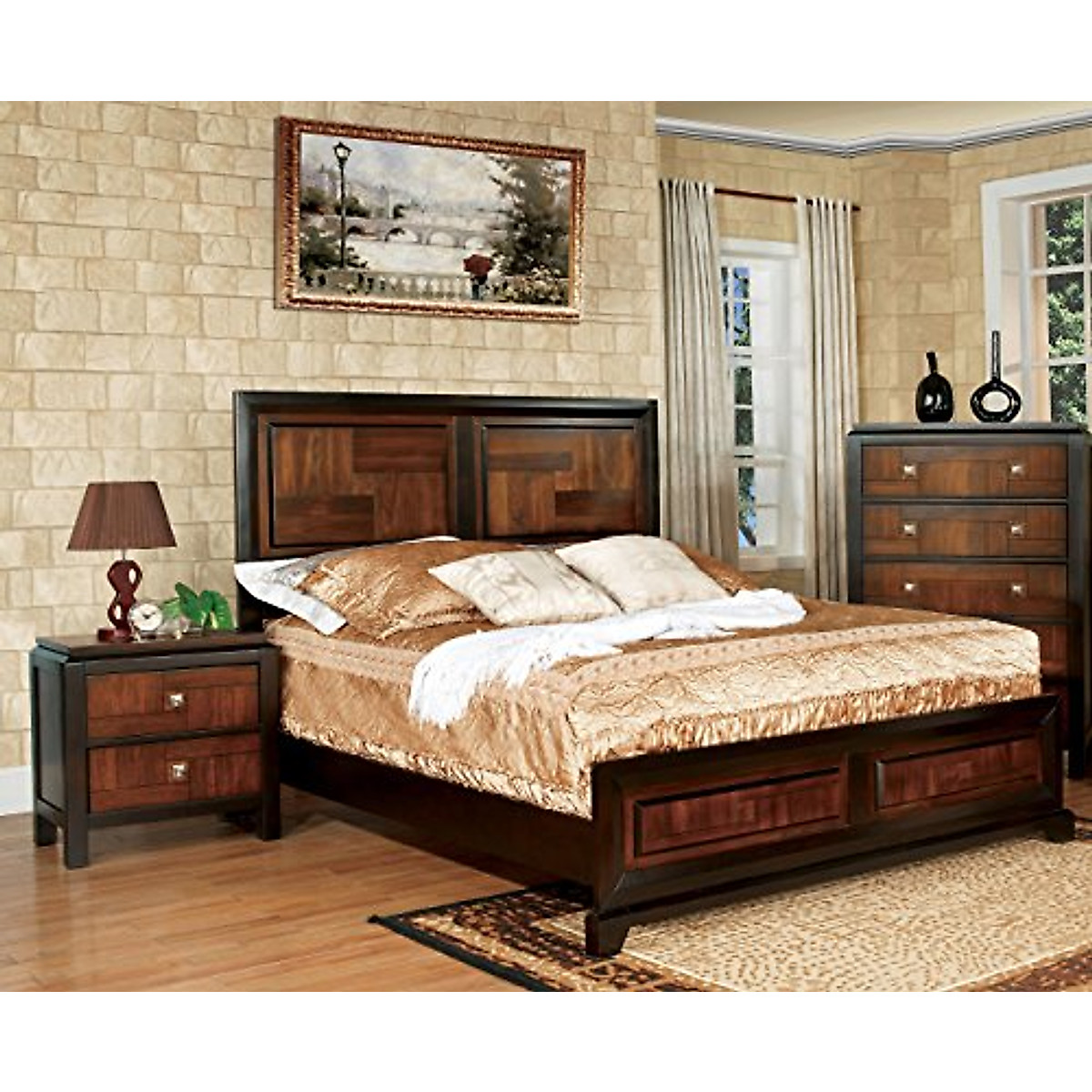 HOMES: Inside + Out 3 Piece ioHOMES Cleo Transitional Multi-Tone Bed Set with 2 Nightstands, Full, Acacia