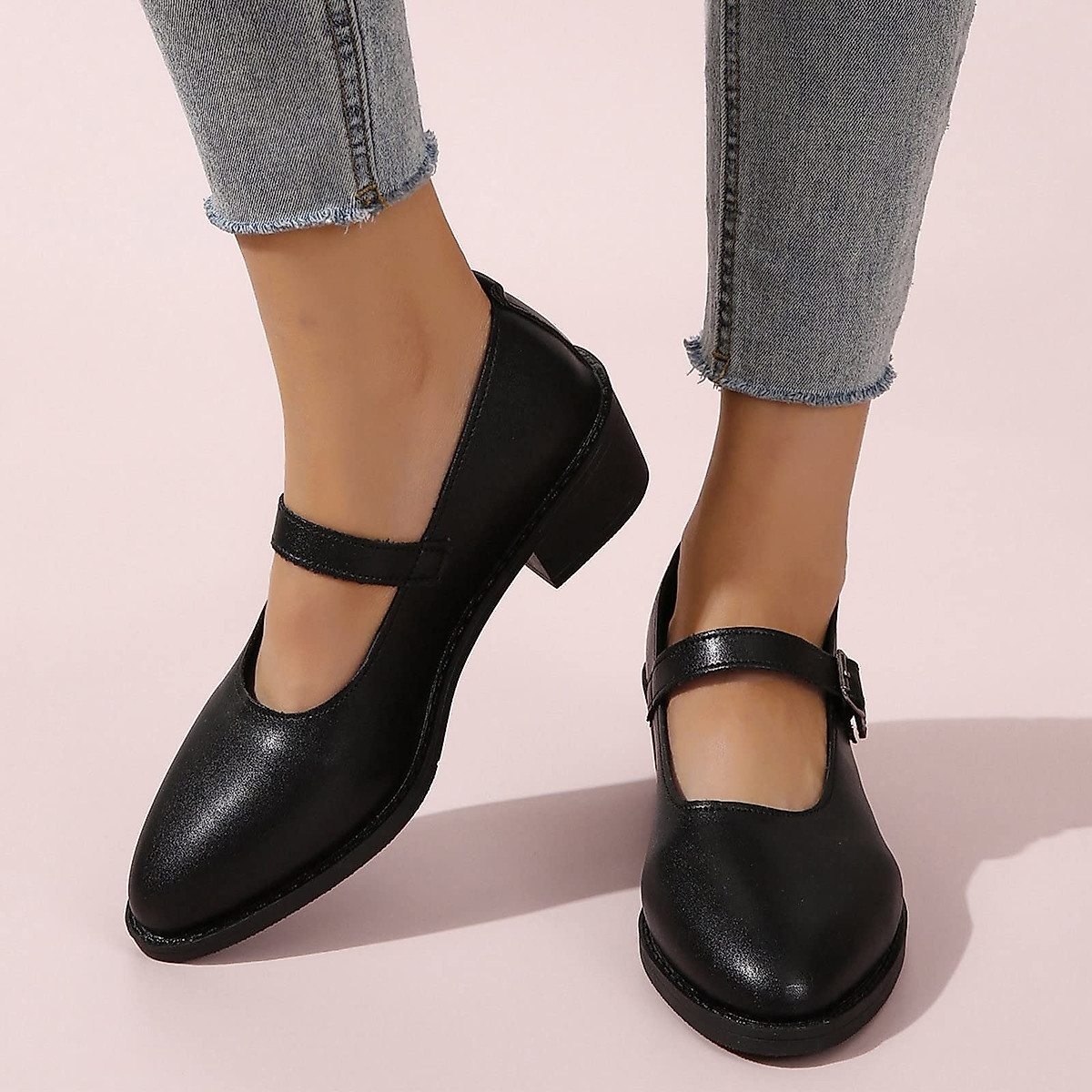 USYFAKGH Women's Soft Sneaker Womens Walking Shoes Slip on Sock Sneakers Fashion Autumn Women Casual Shoes Ckunky Heel Mid Heel Pointed Buckle Solid Black