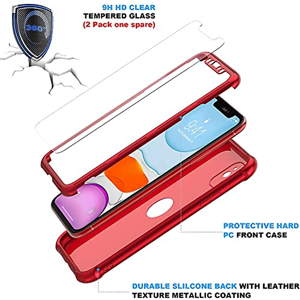ORETECH Designed for iPhone 11 Case, with[2 x Tempered Glass Screen Protector] 360° Full Body Heavy Duty Shockproof Protection Cover Hard PC Soft Rubber Silicone for iPhone 11 (2019) - 6.1''- Red
