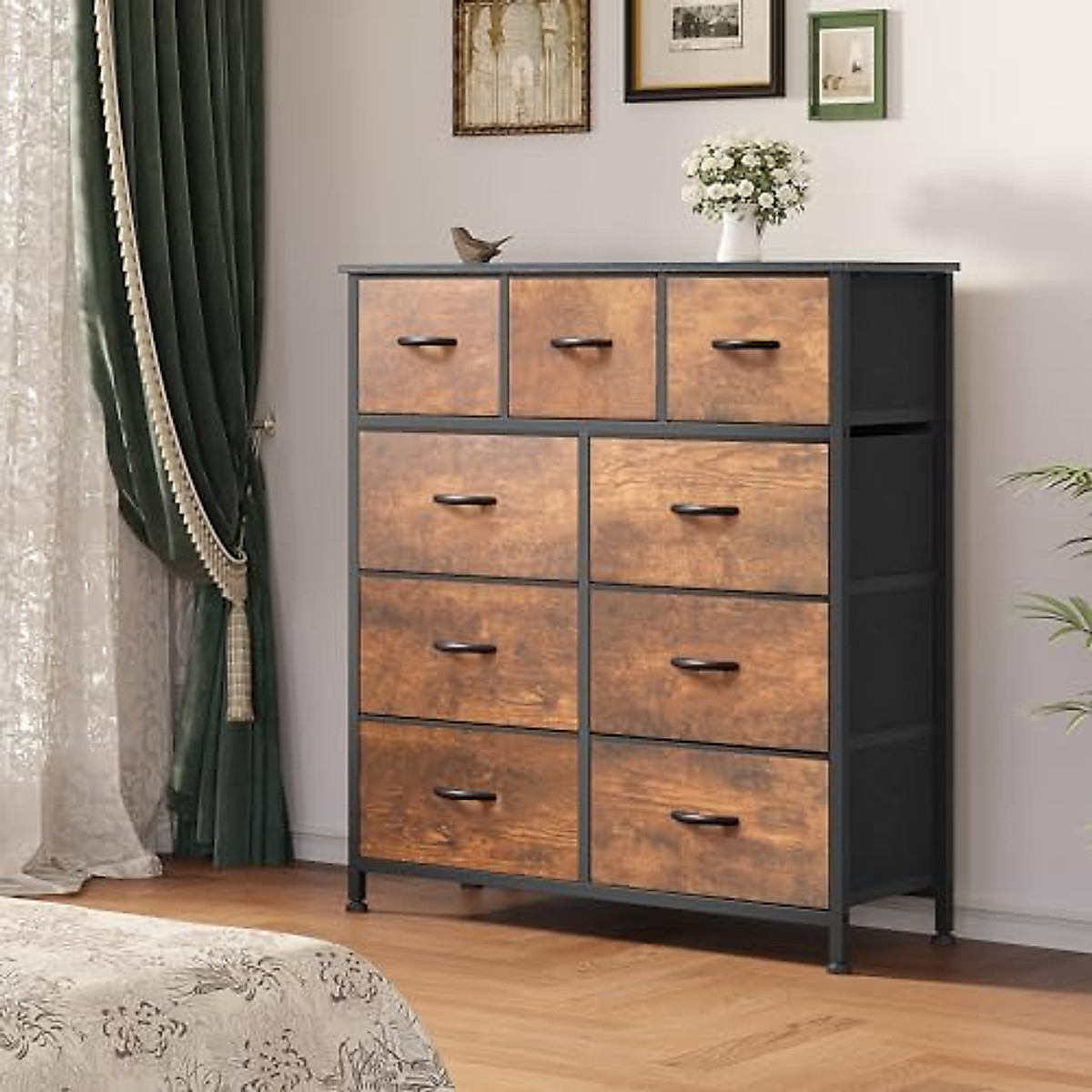 YITAHOME Dresser with 9 Drawers - Fabric Storage Tower, Organizer Unit for Living Room, Hallway - Sturdy Steel Frame, Wooden Top & Easy Pull Fabric Bins (Rustic Brown)