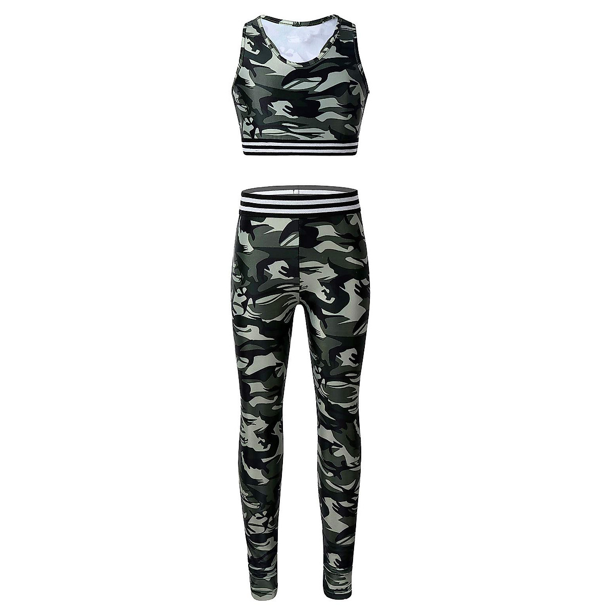 CHICTRY Kids Girls' 2 Piece Athletic Leggings with Tank Crop Tops Outfits sets for Gymnastics Sports Workout Fitness Camouflage Green 10-12 Years