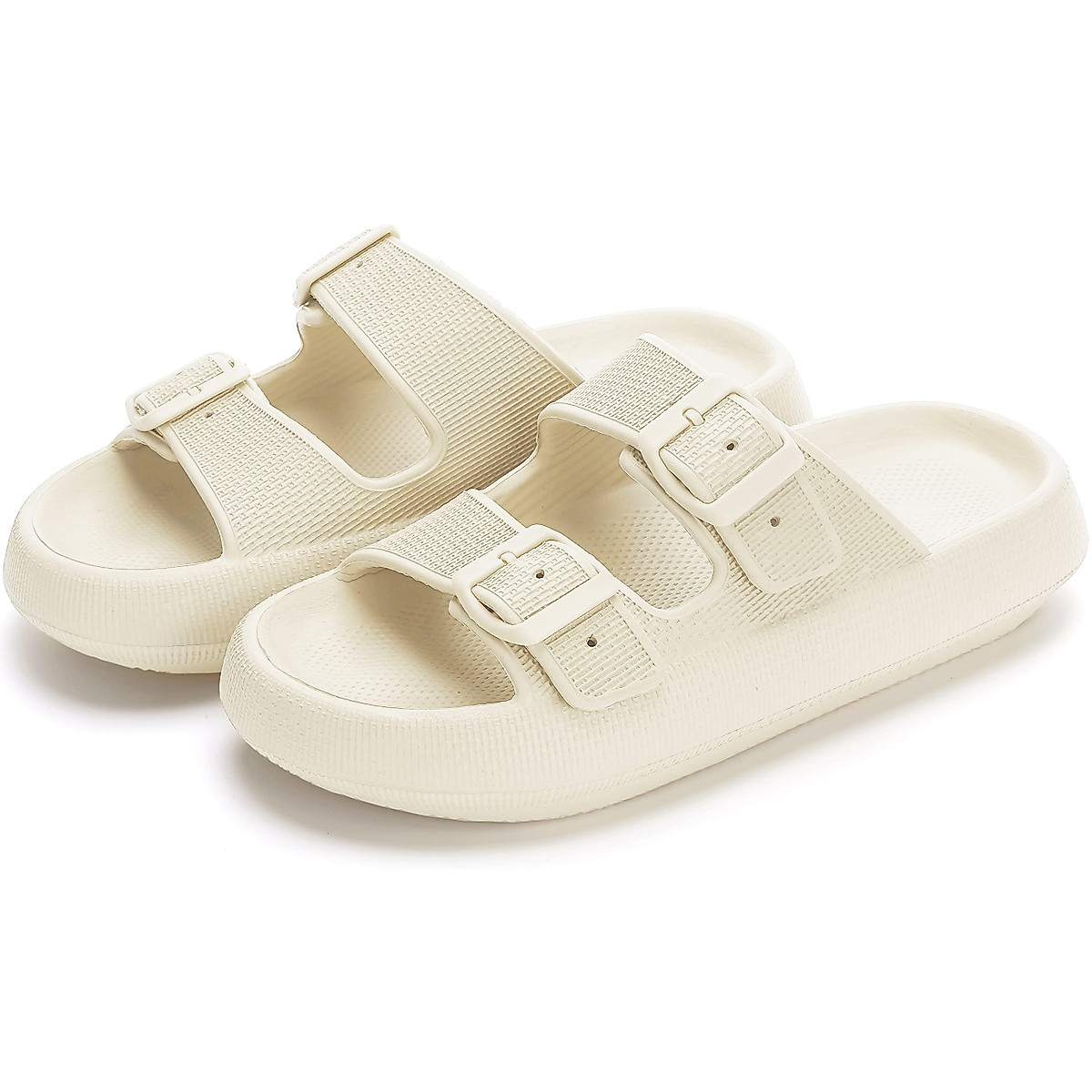 WHITIN Slides for Women Men Extra-Thick Cushion Slides Straps Pillow Slippers Light EVA Foam Adjustable Double Buckle Sandals Outdoor Beach Quick Drying House Sandles Beige