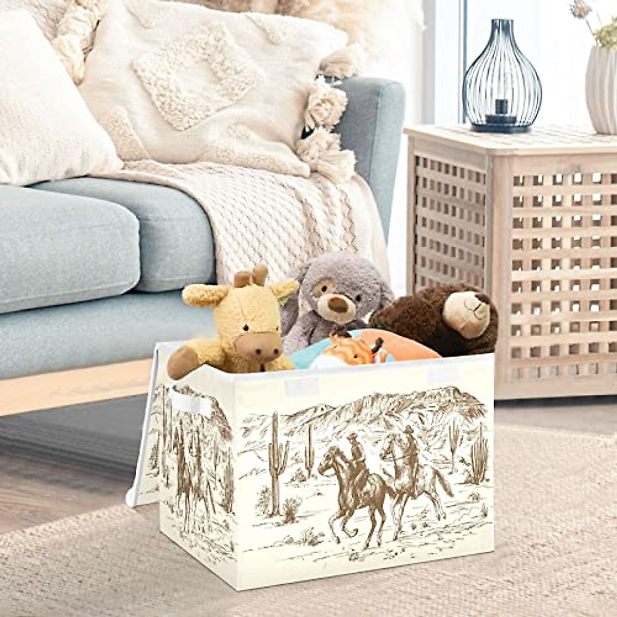 Western Desert Cowboy Storage Basket 16.5x12.6x11.8 In Collapsible Fabric Storage Cubes Organizer Large Storage Bin with Lids and Handles for Shelves Bedroom Closet Office