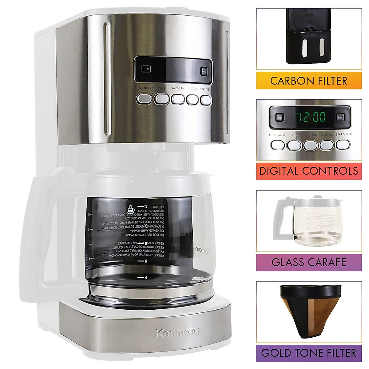 Kenmore Coffee Maker 12 cup Drip Coffee Machine Programmable Aroma Control Glass Carafe Reusable Filter Timer Digital Display Charcoal Water Filter Regular Bold Stainless Steel and White