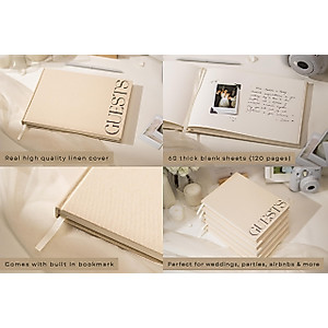 Cream Guest Book (Design 3) - 9.5 x 7 Real Linen Hardcover Guestbook for Wedding Ceremony Reception Signin, to Add Polaroid & Write Messages, Bridal Baby Shower Engagement Birthday Party, Small Size