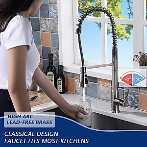 Kitchen Faucet with Soap Dispenser, 24.6" Commercial High Arc Tall Modern Single Handle Spring Kitchen Sink Faucet with Pull Down Sprayer, Modern Rv Kitchen Faucets with Deck Plate, Brush Nickel